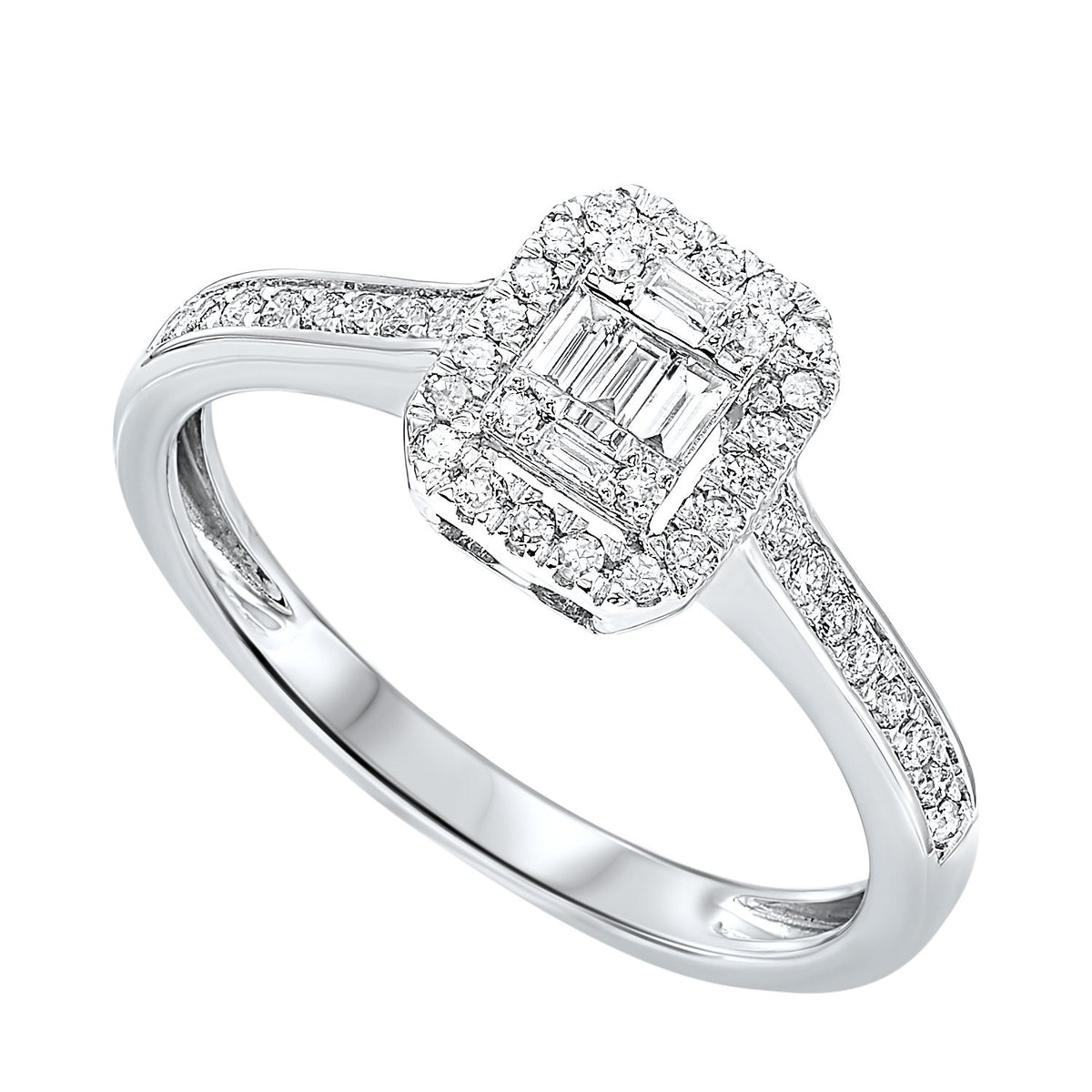 14K Round and Baguette Diamond Ring with Round Halo | Gifts for Her ...